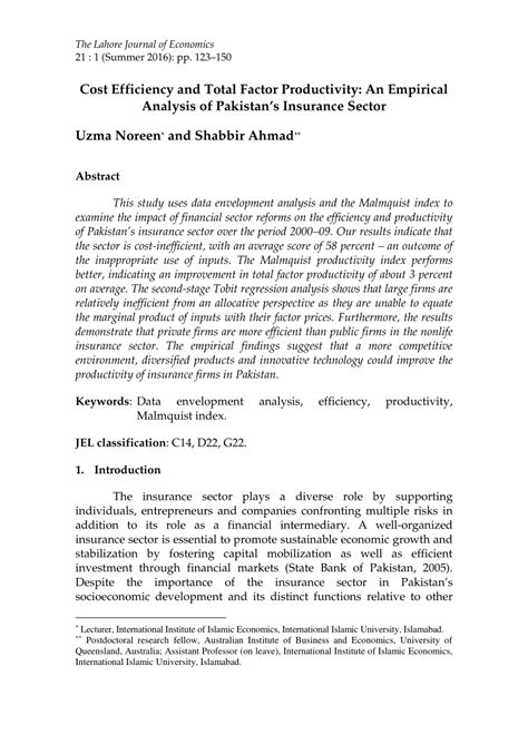 Pdf Cost Efficiency And Total Factor Productivity An Empirical Analysis Of Pakistans