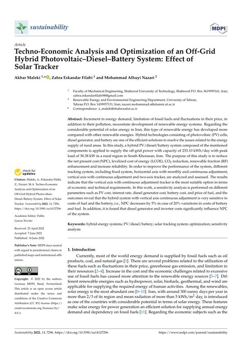 Pdf Techno Economic Analysis And Optimization Of An Off Grid Hybrid Photovoltaicdiesel