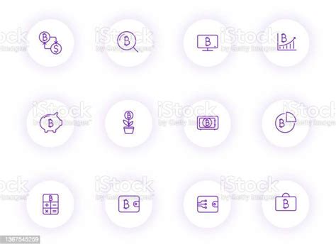 비트 코인 보라색 색상은 보라색 그림자와 라이트 라운드 버튼에 벡터 아이콘을 윤곽 웹 모바일 앱 Ui 디자인 및 인쇄를 위한 비트코인 아이콘 세트 0명에 대한 스톡 벡터