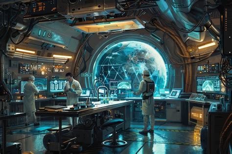 Futuristic Lab With Scientists Monitoring Global Network Premium Ai Generated Image
