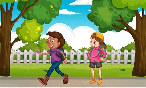 Un Niño Y Una Niña Caminando En El Parque Vector Vector Premium