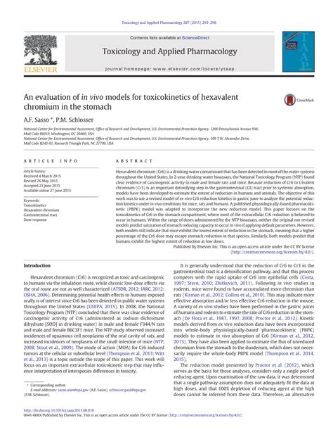 Pdf An Evaluation Of In Vivo Models For Toxicokinetics Of Hexavalent
