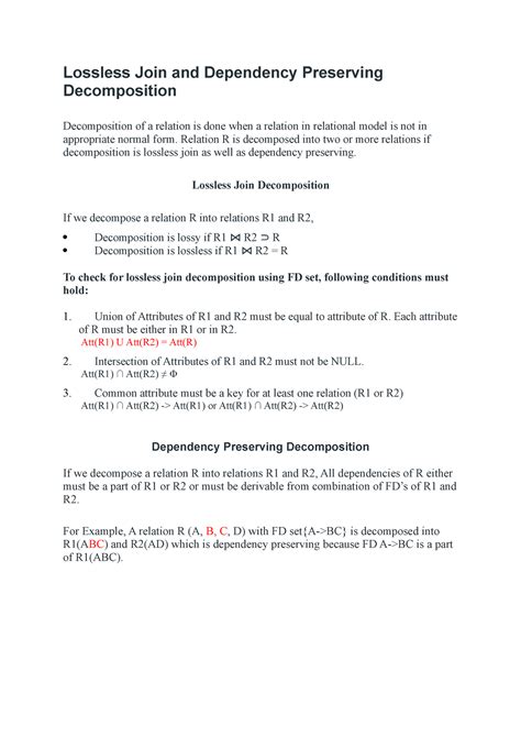 Unit 3 And 4 Lossless Join And Dependency Preserving Decomposition Lossless Join And Dependency