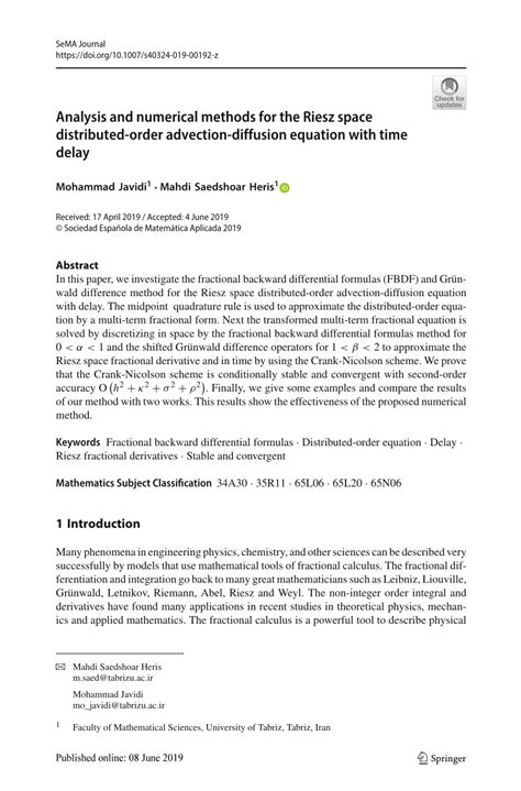 Pdf Analysis And Numerical Methods For The Riesz Space Distributed Order Advection Diffusion
