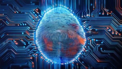 Stylized Fingerprint Integrated Into Digital Circuit Board With Glowing Lines Demonstrating
