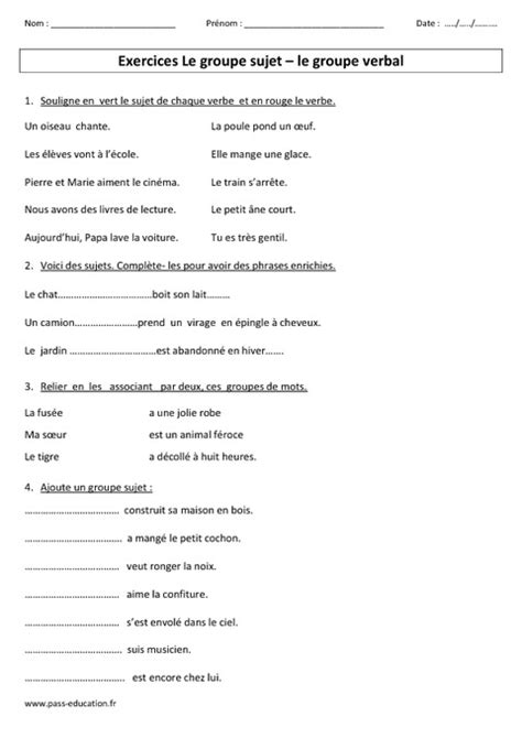 Groupe Sujet Groupe Verbal Ce2 Exercices Corrigés Pass Education