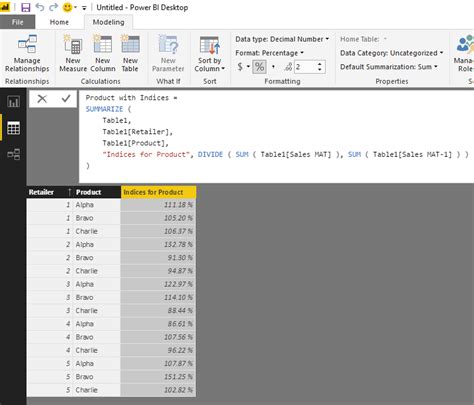 solved dax formula for calculating different indices insi