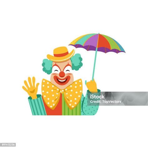 다채로운 우산 고전적인 복장 벡터 일러스트 레이 션에에서 만화 친절 한 광대를 들고 전통 메이크업에 재미 있는 서커스 광대