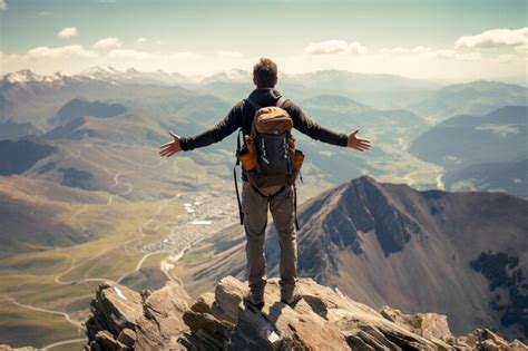 Premium AI Image Adventurous Tourist On The High Mountain Peak Rocks