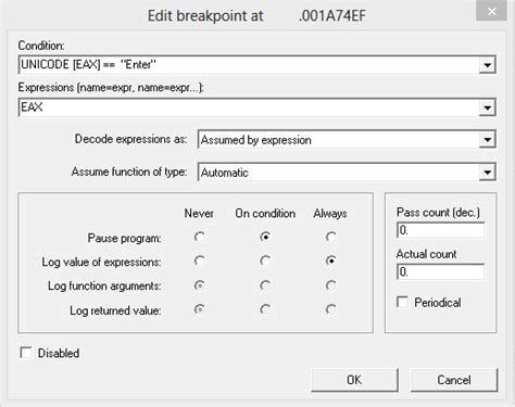 Disassembly Ollydbg How To Set Conditional Breakpoint On A Register Value Reverse