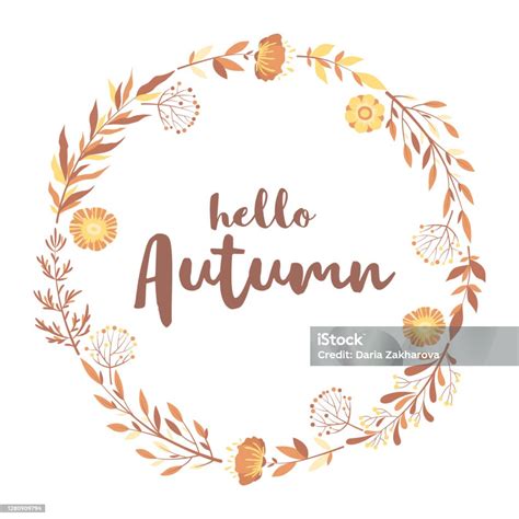 인사말 카드 초대 템플릿 배너 포스터를 위한 손으로 그린 꽃 나뭇잎 나뭇가지의 인용문 헬로 가을과 꽃화환이 있는 벡터 일러스트 0명에 대한 스톡 벡터 아트 및 기타 이미지