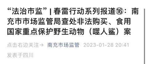 网红博主烹食国家二级保护动物噬人鲨被罚12 5万 濒危 南充市 鲨鱼