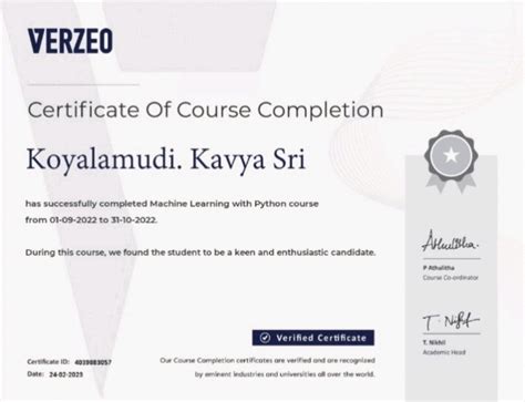 kavya sri on linkedin course completion certificate of machine learning with python by verzeo