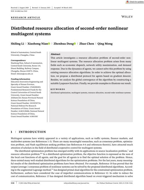 Pdf Distributed Resource Allocation Of Second‐order Nonlinear Multiagent Systems