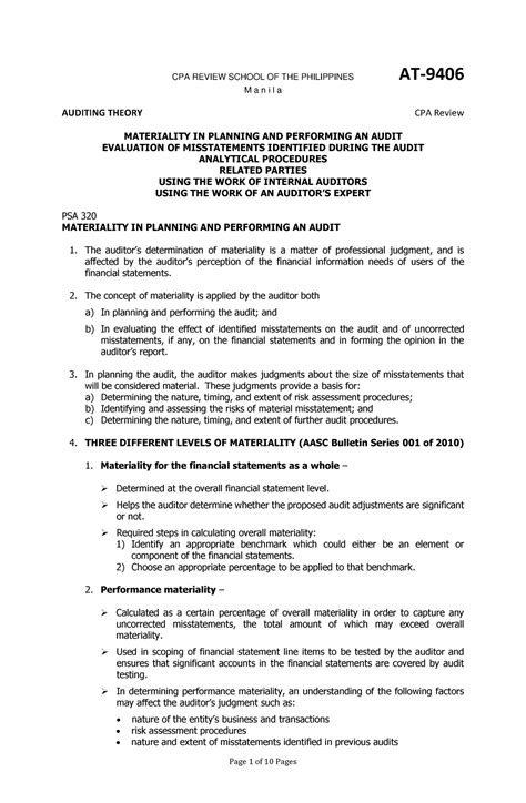 At 9406 Materiality Evaluation Of Misstatements Analytical Procedures Related Parties Using The