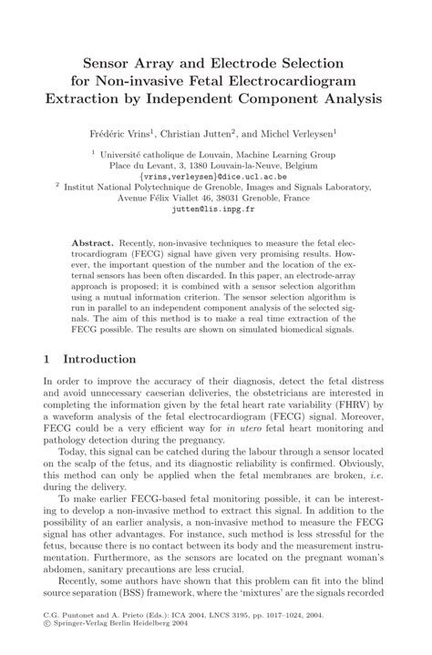 Pdf Sensor Array And Electrode Selection For Non Invasive Fetal Electrocardiogram Extraction