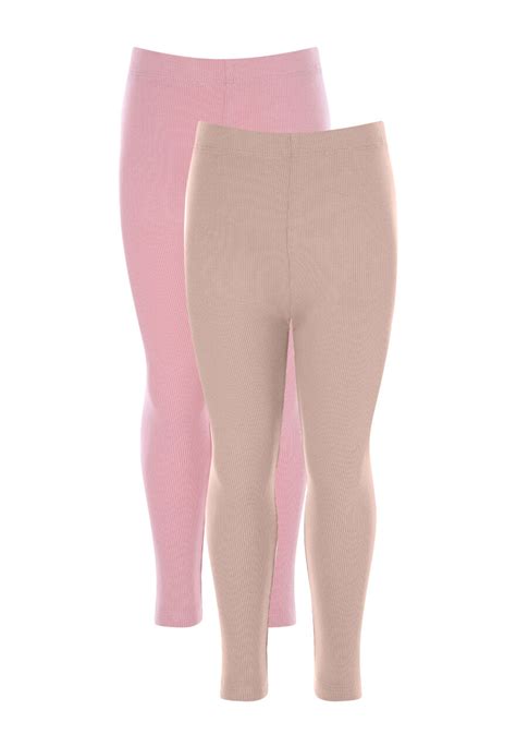 Younger Girls 2pk Pink And Beige Ribbed Leggings Peacocks