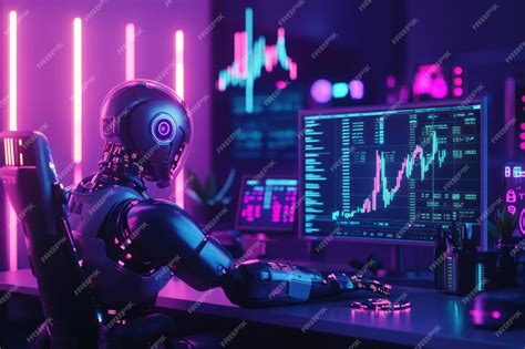 A Humanoid Robot Analyzing Stock Market Data On A Computer Screen In A Futuristic Setting