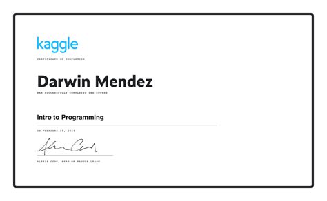 Darwin Mendez Completed The Intro To Programming Course On Kaggle