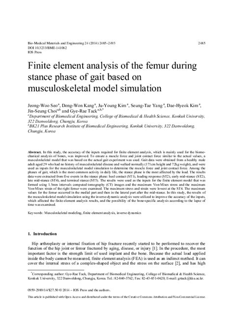 pdf finite element analysis of the femur during stance phase of gait based on musculoskeletal