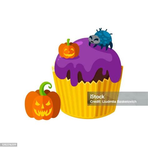 거미와 호박할로윈 컵케이크 으스스한 할로윈 파티를위한 오렌지와 보라색 디저트 벡터 일러스트레이션 거미에 대한 스톡 벡터 아트 및 기타 이미지 Istock
