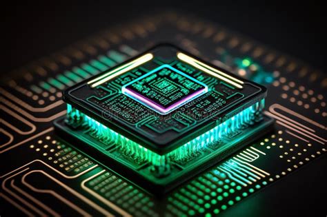 Electronic Circuit Board Close Up Glowing Microchip In Macro Futuristic Circuit Concept