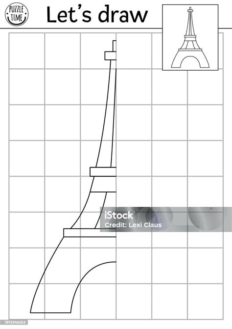 에펠탑을 완성하세요 Vector France 테마 대칭 드로잉 연습 워크시트 아이들을 위한 인쇄 가능한 흑백 활동 파리 랜드