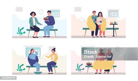 질병의 치료 및 예방에 관한 삽화 세트 아픈 사람들은 격리에서 시간을 보냅니다 감기와 독감에 대한 스톡 벡터 아트 및 기타 이미지 감기와 독감 개념 개성 개념