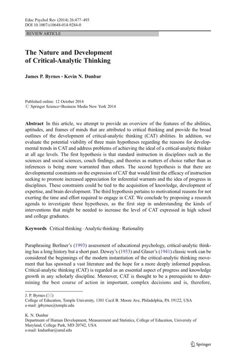 Pdf The Nature And Development Of Critical Analytic Thinking