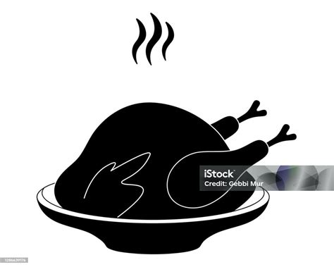 구운 칠면조 실루엣 접시에 육즙 고기 향기로운 연기 벡터 그림입니다 흑백 아이콘 격리된 흰색 배경입니다 추수 감사절 기호 식욕을 돋우는 닭 조건부 지정 실루엣에 대한 스톡