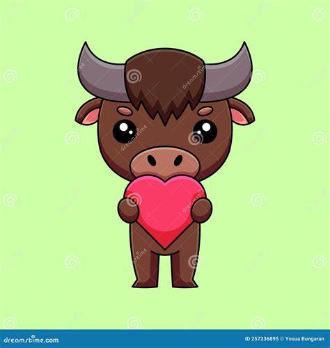 Cute Buffalo Holding Love Hearth Cartoon Doodle Art Hand Drawn Concept Vector Kawaii Icon