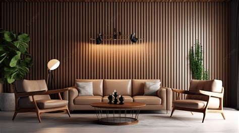 세련된 거실 인테리어 디자인의 목재 가구 및 장식용 판금 벽의 3d 렌더링 거실 창 거실 집 방 배경 일러스트 및 사진 무료 다운로드 Pngtree