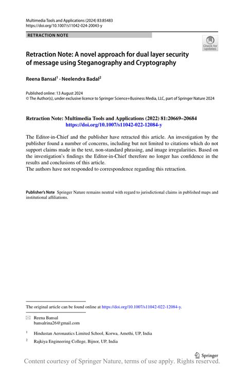 Retraction Note A Novel Approach For Dual Layer Security Of Message