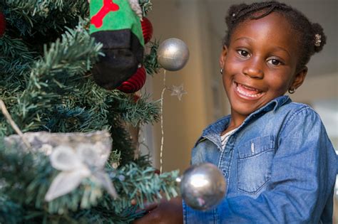 행복한 작은 아프리카 계 미국인 소녀의 초상화 집 거실에서 크리스마스 트리 옆에 서 가정 생활에 대한 스톡 사진 및 기타 이미지 가정 생활 가정의 방 거실 Istock