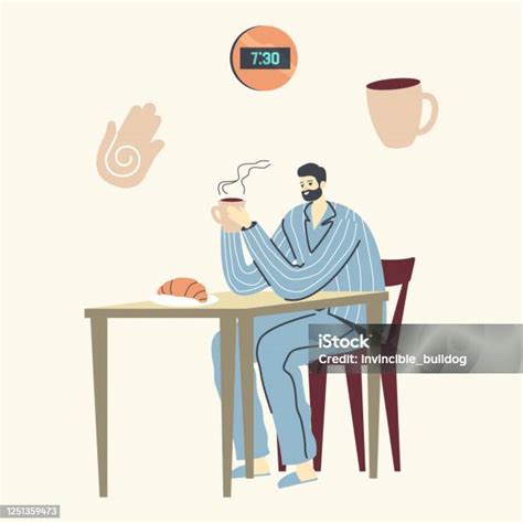 파자마와 슬리퍼의 청년은 집에서 뜨거운 커피를 마시고 신선한 크루아상을 먹는 집에서 아침 식사를합니다 남성 캐릭터 아침 휴식 또는 일상 선형 벡터 일러스트레이션 남자에 대한