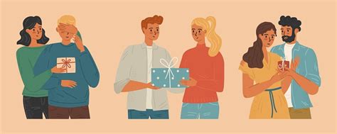 선물을 주고받는 행복한 사람들 캐릭터 벡터 세트 남자는 그녀의 생일을 위해 여자 친구에게 선물 상자를주고 낭만적 인 커플은 기념일을 축하합니다 개체 그룹에 대한 스톡 벡터