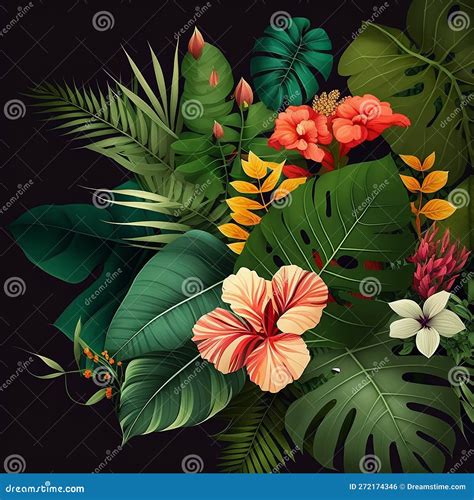 Tropical Flowers And Leaves From Jungle Ai Generative Stock