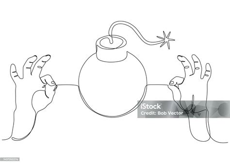 폭탄으로 끈을 잡고 있는 두 손의 연속적인 한 줄 얇은 선 그림 벡터 개념입니다 윤곽 그리기 창의적인 아이디어 폭탄에 대한 스톡