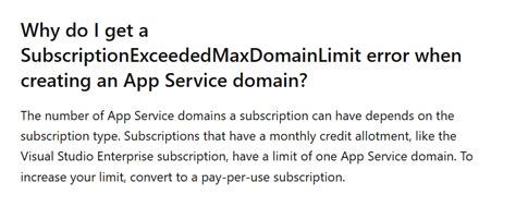 Unable To Purchase App Service Domain Due To Subscriptionexceededmaxdomainlimit Microsoft Qanda