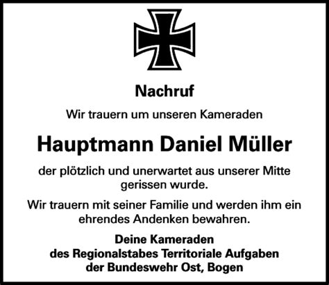 Traueranzeigen Von Hauptmann Daniel Müller Mittelbayerische Trauer