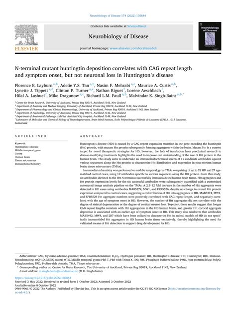 Pdf N Terminal Mutant Huntingtin Deposition Correlates With Cag