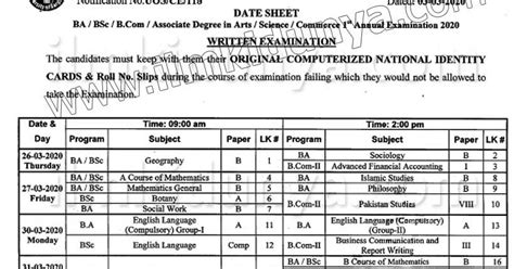 University Of Sargodha Uos Ba Bsc Date Sheet 2020 Are Announced