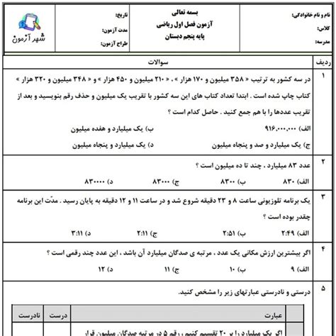 خرید و قیمت آزمون و نمونه سوال فصل اول ریاضی پنجم فصل 1 عددنویسی و الگوها دبستان فارابی ترب