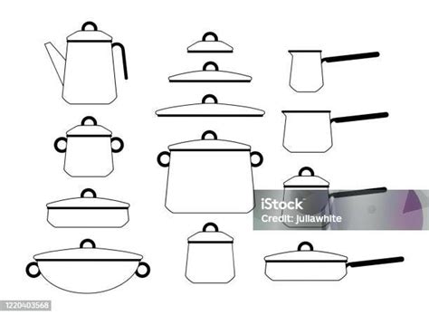 만화 조리기구 팬 뚜껑 세트입니다 벡터 일러스트레이션 가정 생활에 대한 스톡 벡터 아트 및 기타 이미지 가정 생활 가정