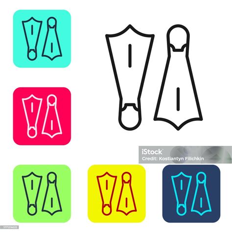 검은 선 수영 아이콘을 위한 고무 지느러미는 흰색 배경에 분리되어 있습니다 다이빙 장비 익스트림 스포츠 스포츠 장비 색상 사각형 버튼으로 아이콘을 설정합니다 벡터 3차원