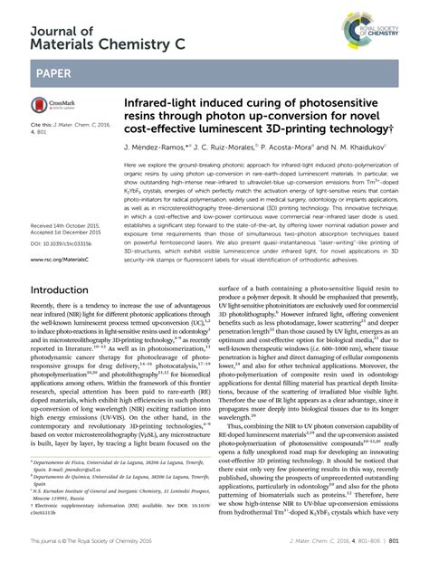 Pdf Infrared Light Induced Curing Of Photosensitive Resins Through Photon Up Conversion For