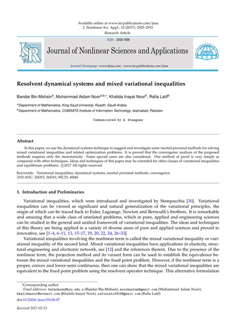 Pdf Resolvent Dynamical Systems And Mixed Variational Inequalities