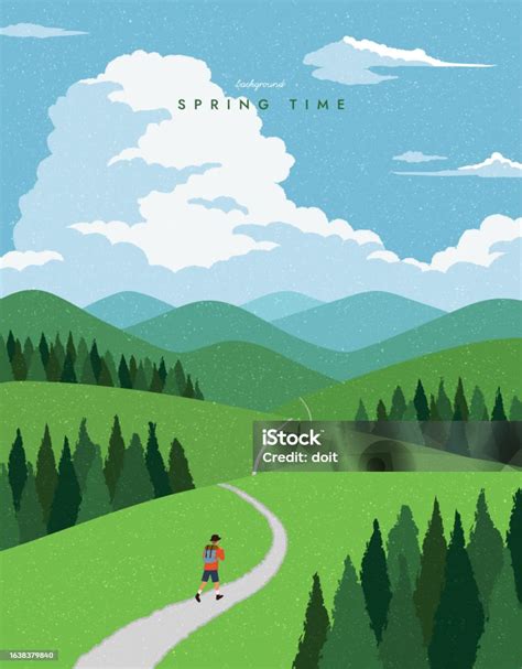 길 산 풍경을 걷는 남자 등산 하이킹 경치 좋은 전망 배경입니다 봄 여름 야외 모험 웹 배너 포스터 카드 책 표지 트렌디한 플랫 디자인 간단한 벡터 그림입니다 산에 대한