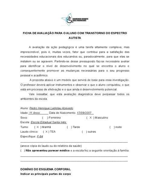 Ficha De Avaliação Para Aluno Autista Pdf