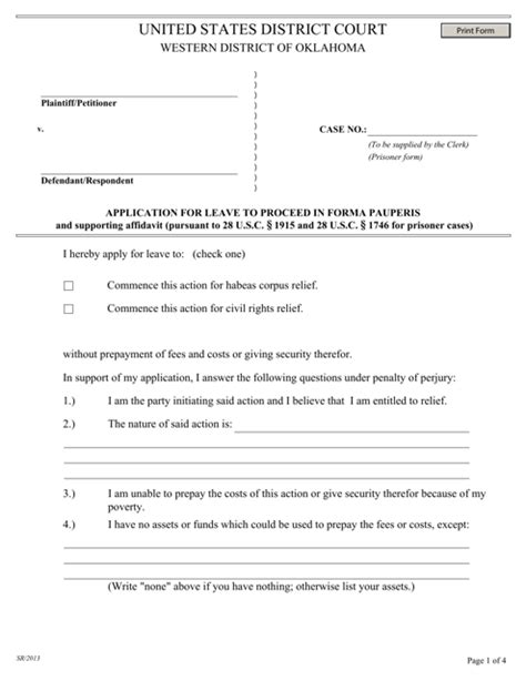 Oklahoma Application For Leave To Proceed In Forma Pauperis And Supporting Affidavit Pursuant